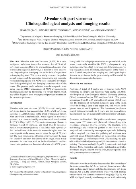 Pdf Alveolar Soft Part Sarcoma Clinicopathological Analysis And Imaging Results