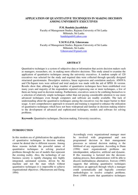 Pdf Application Of Quantitative Techniques In Decision Making Among University Executives