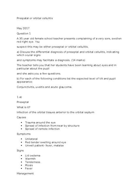 Cellulitus Revision Prespatal Or Orbital Cellulitis May 2017 Question 1 A 35 Year Old Female