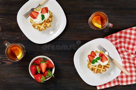 Beautiful Breakfast Belgian Viennese Waffles Decorated With Cream And