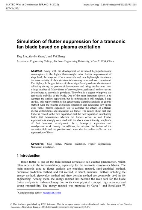 Pdf Simulation Of Flutter Suppression For A Transonic Fan Blade Based On Plasma Excitation