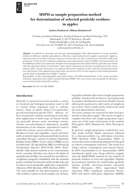 Pdf Mspd As Sample Preparation Method For Determination Of Selected Pesticide Residues In Apples