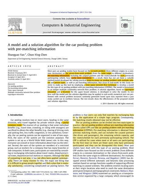 7 2011 a model and a solution algorithm for the car pooling problem