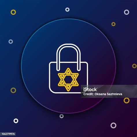 흰색과 노란색 라인 쇼핑백은 진한 파란색 배경에 분리된 다윗의 별 아이콘입니다 패키지 기호 다채로운 개요 개념입니다 벡터