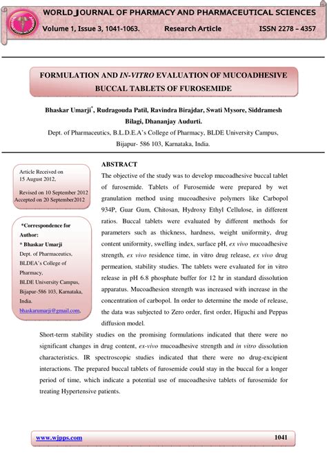 Pdf Formulation And In Vitro Evaluation Of Mucoadhesive Buccal Tablets Of Furosemide