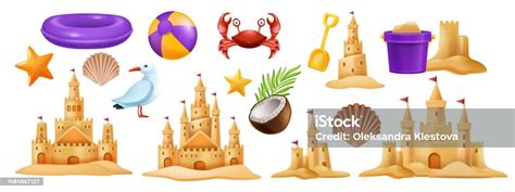 3d 모래성 세트 여름 해변 휴가 벡터 클립 아트 키트 아이 양동이 붉은 게 불가사리 공 0명에 대한 스톡 벡터 아트 및 기타 이미지 Istock