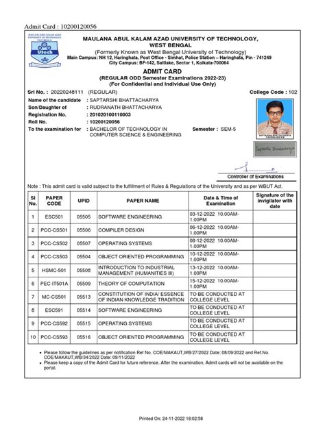 Admit Card 5th Sem Pdf Computing