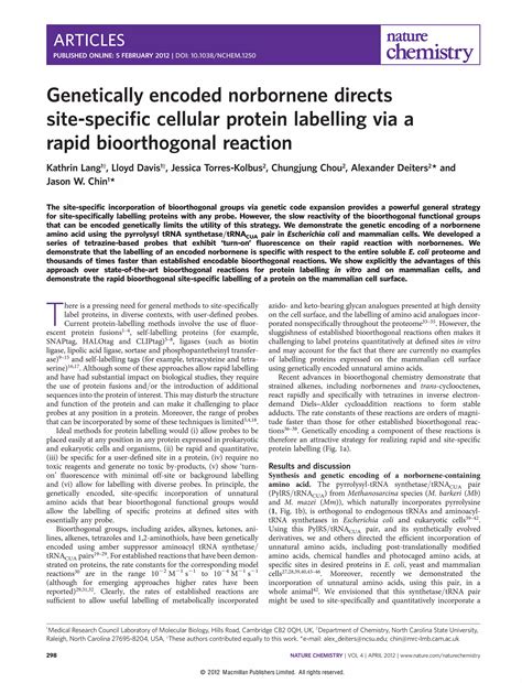 Genetically Encoded Norbornene Directs Pdf