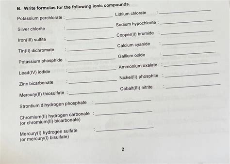 Solved B Write Formulas For The Following Ionic Compounds Chegg
