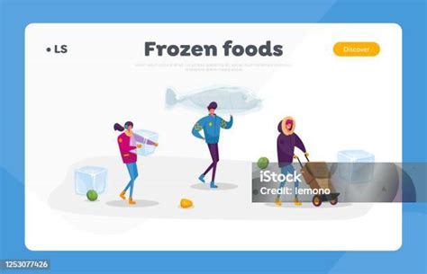 건강한 냉장 식품 방문 페이지 템플릿 작은 캐릭터는 얼음 큐브와 함께 제품거대한 냉동 물고기와 상자를 수행합니다 긴 저장을 위한 생산을 동결하는 사람들 만화 벡터