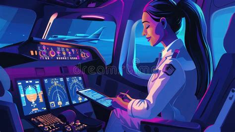 A Flight Attendant Is Seated In The Cockpit Diligently Checking Flight