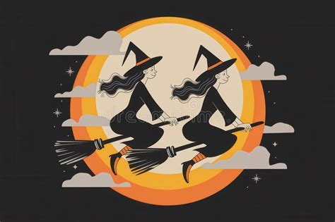 Two Witches Flying Brooms Full Moon Background Halloween Themed