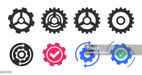 톱니 바퀴 기어 시스템 업그레이드 아이콘 간단한 벡터 그래픽 세트 업데이트 된 설정 톱니 바퀴 체크 표시 산업 기술 회전 로고 기호 기호 기호 픽토그램 이미지 클립 아트