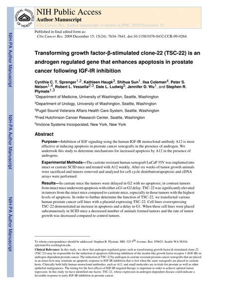 Pdf Transforming Growth Factor Stimulated Clone 22 Is An Androgen