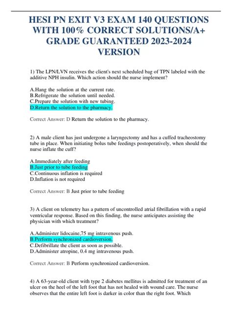 HESI PN EXIT V3 EXAM 140 QUESTIONS WITH 100 CORRECT SOLUTIONS A GRADE GUARANTEED VERSION