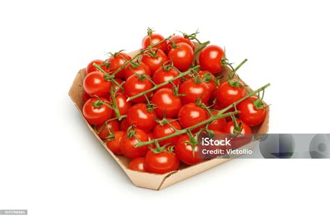 흰색 배경에 고립 된 종이 상자에 신선한 빨간 체리 토마토의 뭉치 녹색 줄기에 익은 토마토 신선한 유기농 비타민 채소 0명에