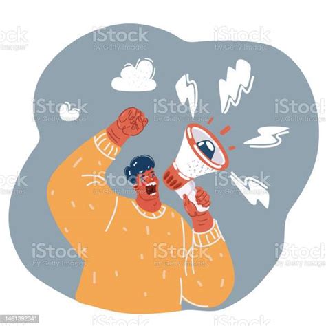 화난 남자의 벡터 삽화는 큰 소리로 말하고 비명을 지르고 발표하고 사회 문제에 주의를 기울이는 입 근처에 확성기를 들고 있습니다