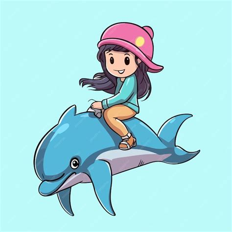 Мультяшная девочка верхом на дельфине Премиум векторы
