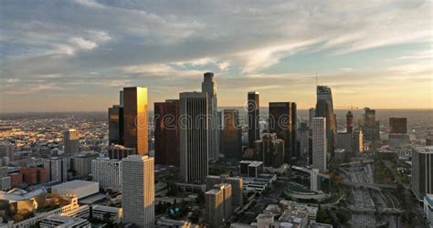 Aerial Drone Shot Flying On Downtown Los Angeles Urban Aerial View Of