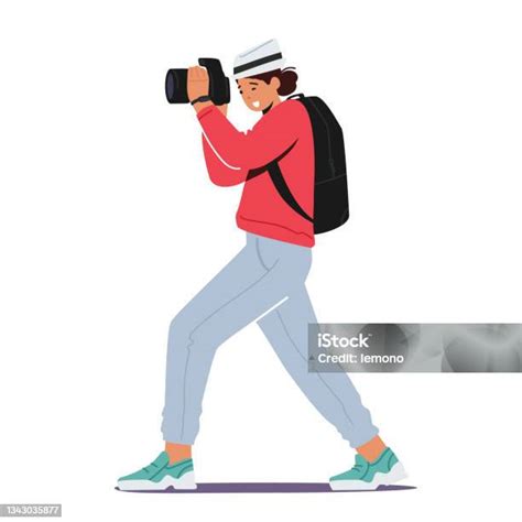 사진 촬영 개념 여성 사진작가 사진 카메라로 기자 여행자 캐릭터 사진 만들기 사진 파파라치 작업 사진 촬영 이미지 캡처에 대한 스톡 벡터 아트 및 기타 이미지 Istock