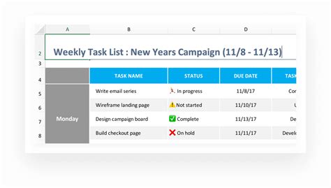 excel tasks template
