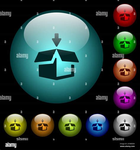 Pack To Box Icons In Color Illuminated Spherical Glass Buttons On Black Background Can Be Used