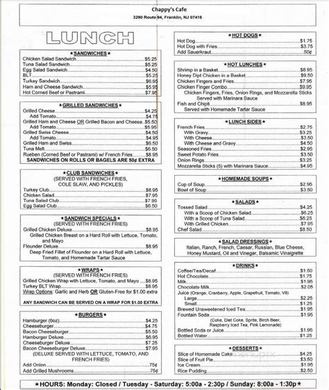 Menu Of Chappys Cafe In Franklin Nj 07416