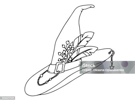 휴일 색칠 공부 책에 대 한 머리 장식 뾰족한 마녀 모자는 할로윈을 위한 장식 요소입니다 우울한 낙서 흰색 배경에 격리된 벡터 그림 공포 무서움에 대한 스톡 벡터 아트 및