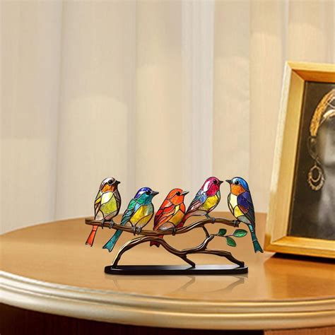 Stained Glass Birds On Branch Desktop Ornaments Metal Vivid Craft