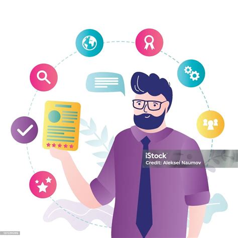 남자는 면접에서 자신의 자질과 업적에 대해 이야기합니다 자기 표현 및 셀프 광고의 개념 개념에 대한 스톡 벡터 아트 및 기타 이미지 개념 개성 개념 고용과 노동