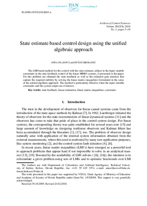 Pdf State Estimate Based Control Design Using The Unified Algebraic Approach