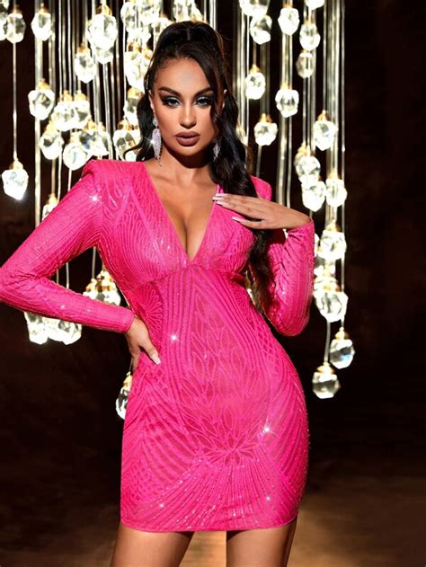Shein Sxy Plunging Neck Sequin Bodycon Dress Shein Usa