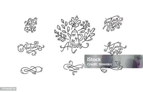 벡터 단색 가을 서예 문구 와 요소의 번들 세트 손으로 그린 고립 된 잎 칸막이 계절휴일 추수감사절 인사말 카드에 딱 10월에 대한 스톡 벡터 아트 및 기타 이미지 Istock