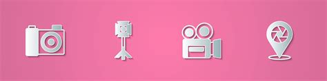 종이 컷 사진 카메라 소프트박스의 스튜디오 전구 레트로 시네마 및 카메라 셔터 아이콘을 설정합니다 종이 아트 스타일 벡터 3차원 형태에 대한 스톡 벡터 아트 및 기타 이미지