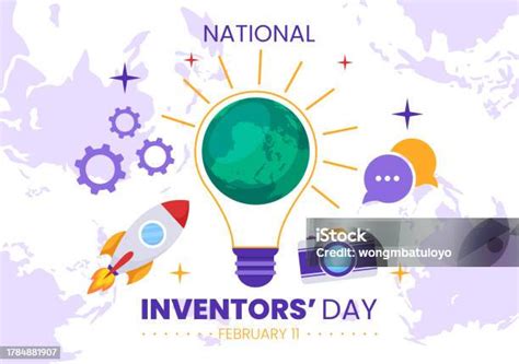2월 11일에 전국 발명가의 날 벡터 일러스트 레이 션 천재 혁신의 축하 플랫 만화 배경에서 과학의 창조자를 기리기 위해 개발에 대한 스톡 벡터 아트 및 기타 이미지