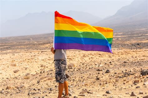 동성애의 상징인 사막에서 Lgbt 무지개 깃발을 자랑스럽게 들고 있는 청년의 측면 Lgbtqia 문화에 대한 스톡 사진 및 기타