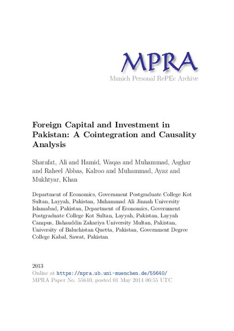 Pdf Foreign Capital And Investment In Pakistan A Cointegration And Causality Analysis