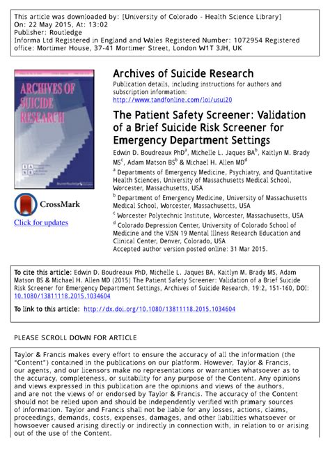 Pdf The Patient Safety Screener Validation Of A Brief Suicide Risk