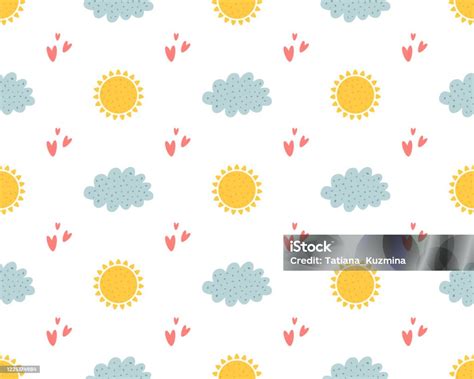 ナーサリ雲シームレスなパターンかわいい子供たちの雲太陽と心手描きのリピート背景赤ちゃんの壁紙ベクトル いたずらのベクターアート素材や画像を