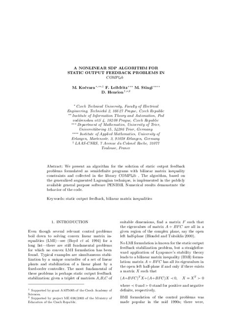 Pdf A Nonlinear Sdp Algorithm For Static Output Feedback Problems In Compleib