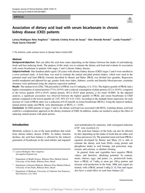 Association Of Dietary Acid Load With Serum Bicarbonate In Chronic