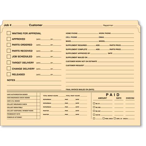 Manila Repair Order Folders Version 1 Auto Body Supplies Us Auto