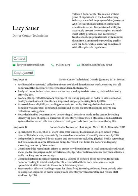 Donor Center Technician Resume Cv Example And Writing Guide