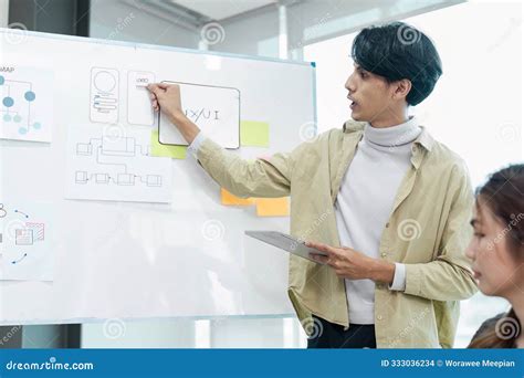 Young Professional Presenting Ux Ui Design Concepts On Whiteboard In Modern Office Setting Stock