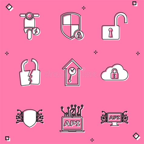 Set Electric Scooter Shield Security With Lock Open Padlock Broken Or Cracked Retro Wall