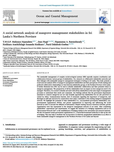 A Social Network Analysis Of Mangrove Management Stakeholders In Sri