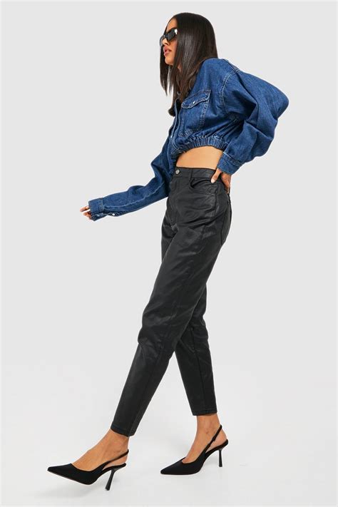Coated High Waisted Mom Jeans Boohoo Uk