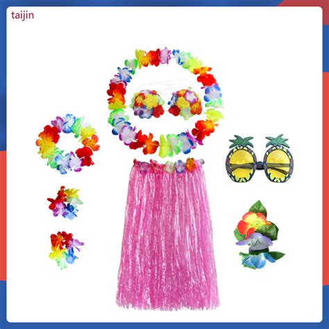 8pcs Beach Hawaiian Hula Costume Dress Tropical Hula Grass Dance Skirt