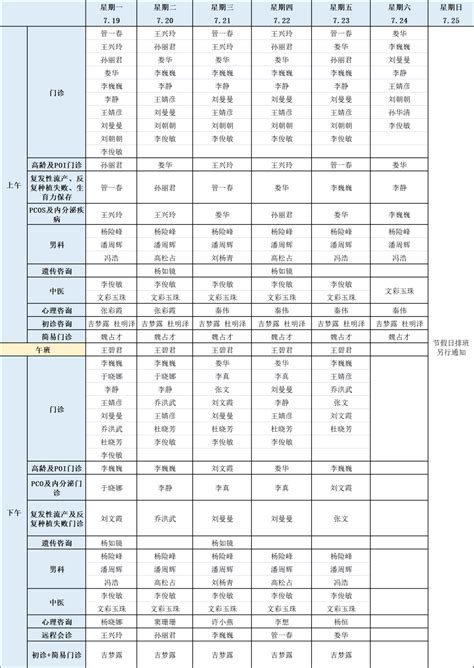 2021年生殖医学科门诊排班表7月19日 7月24日 郑大三附院