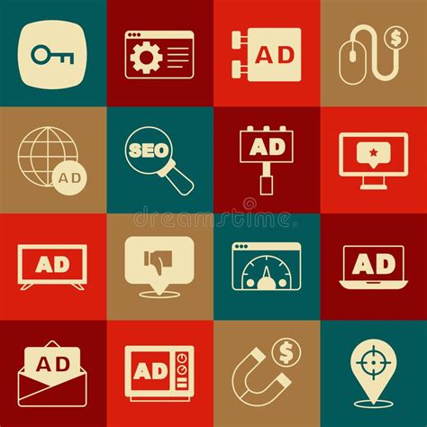 Set Target Advertising Monitor With Star Seo Optimization Key And Icon Vector Stock Vector